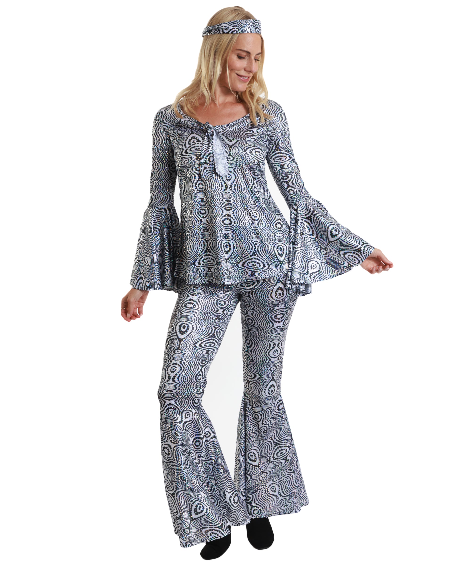 HPO Adult Women’s 70s Funky Dance Multicolor Costume | Headband & Dres ...