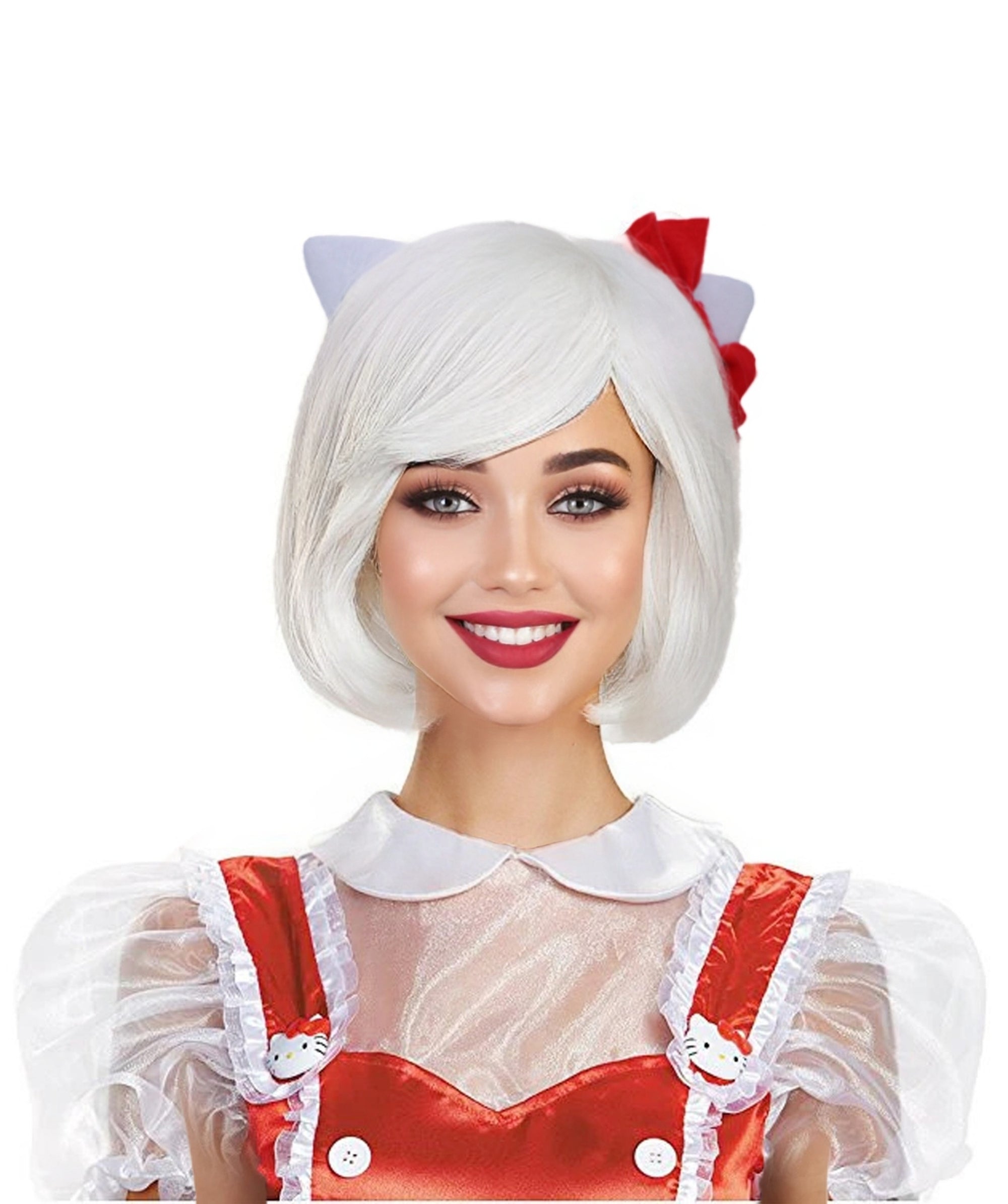 HPO Adult Women's Cute Kitty-Inspired White Wig with Bow Ribbon | Soft ...