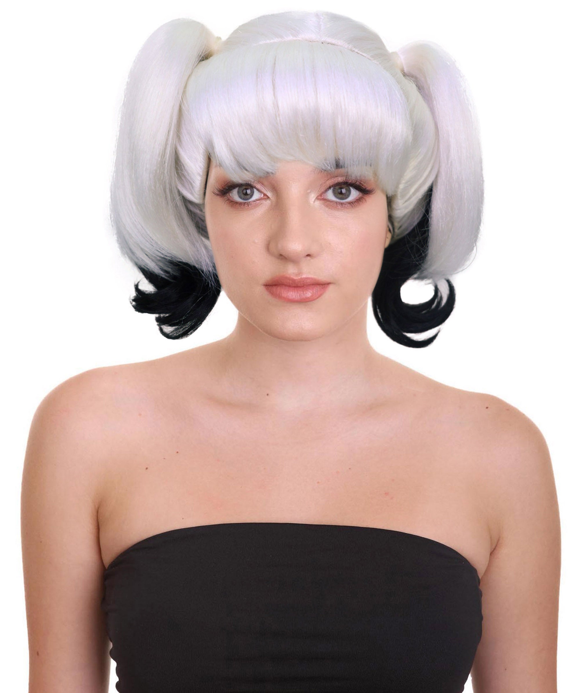 HPO Adult Women’s Black and White Pigtail Wig | Split Color Curly Hair ...