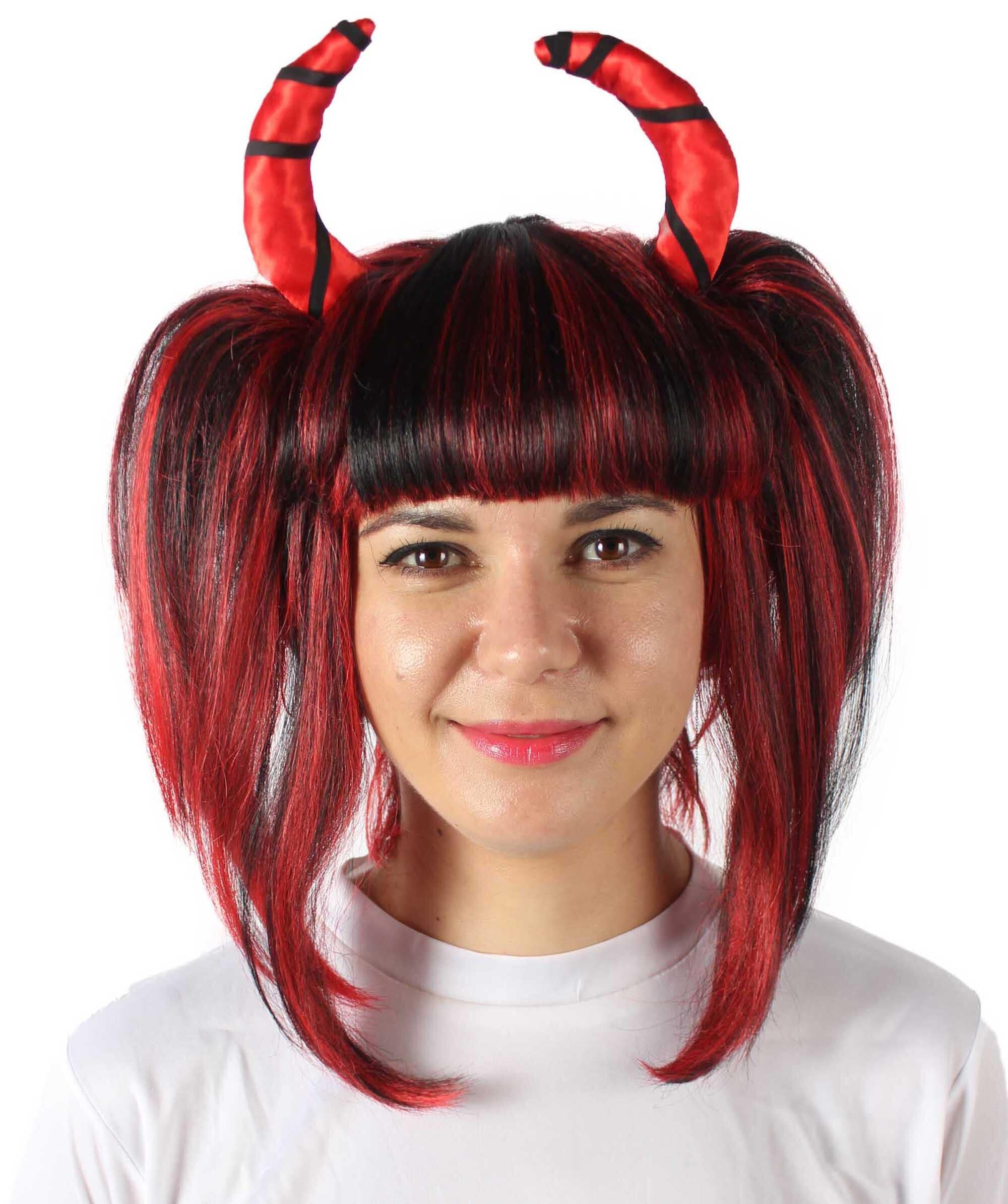 Red and Black Hair with Devil Horns - HalloweenPartyOnline