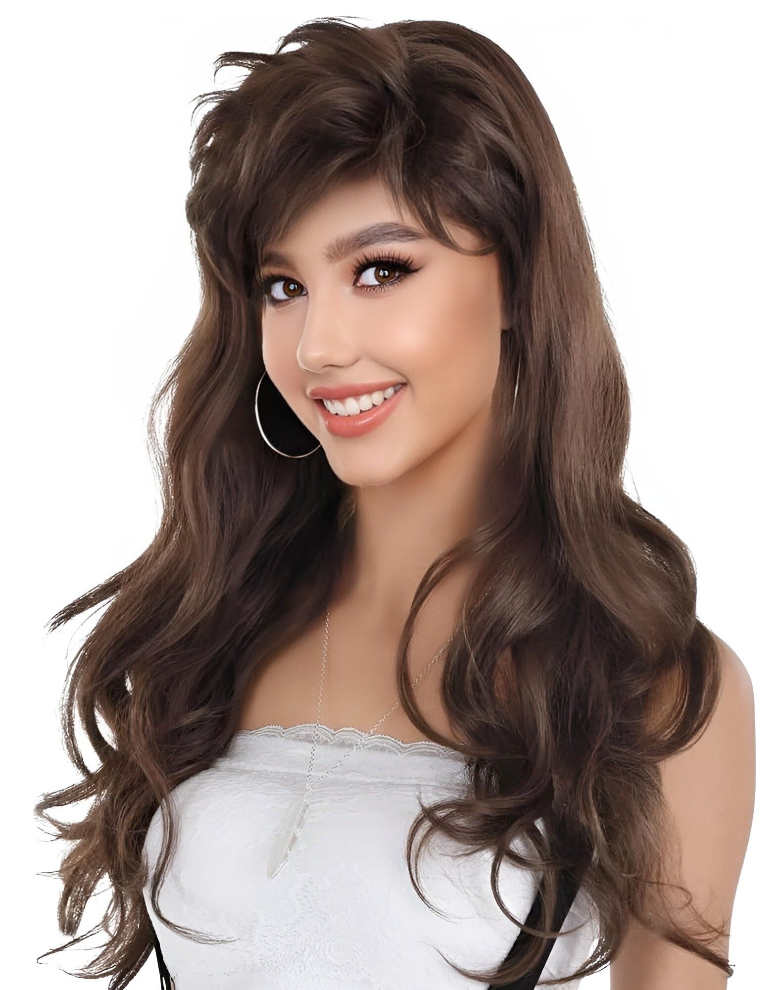 HPO Adult Women's Mall Bangs 90's Decades – Mahogany Brown Wigs with I ...