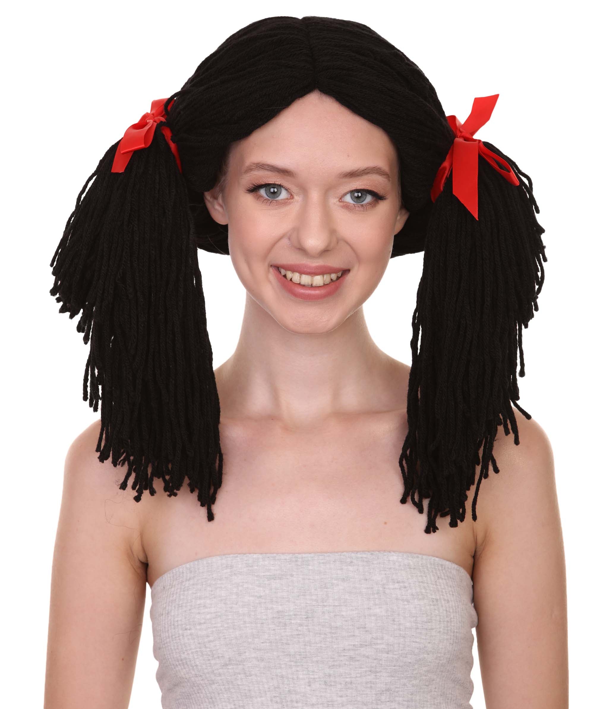 Gothic Rag Doll Wig | Red Ribbon | - HalloweenPartyOnline