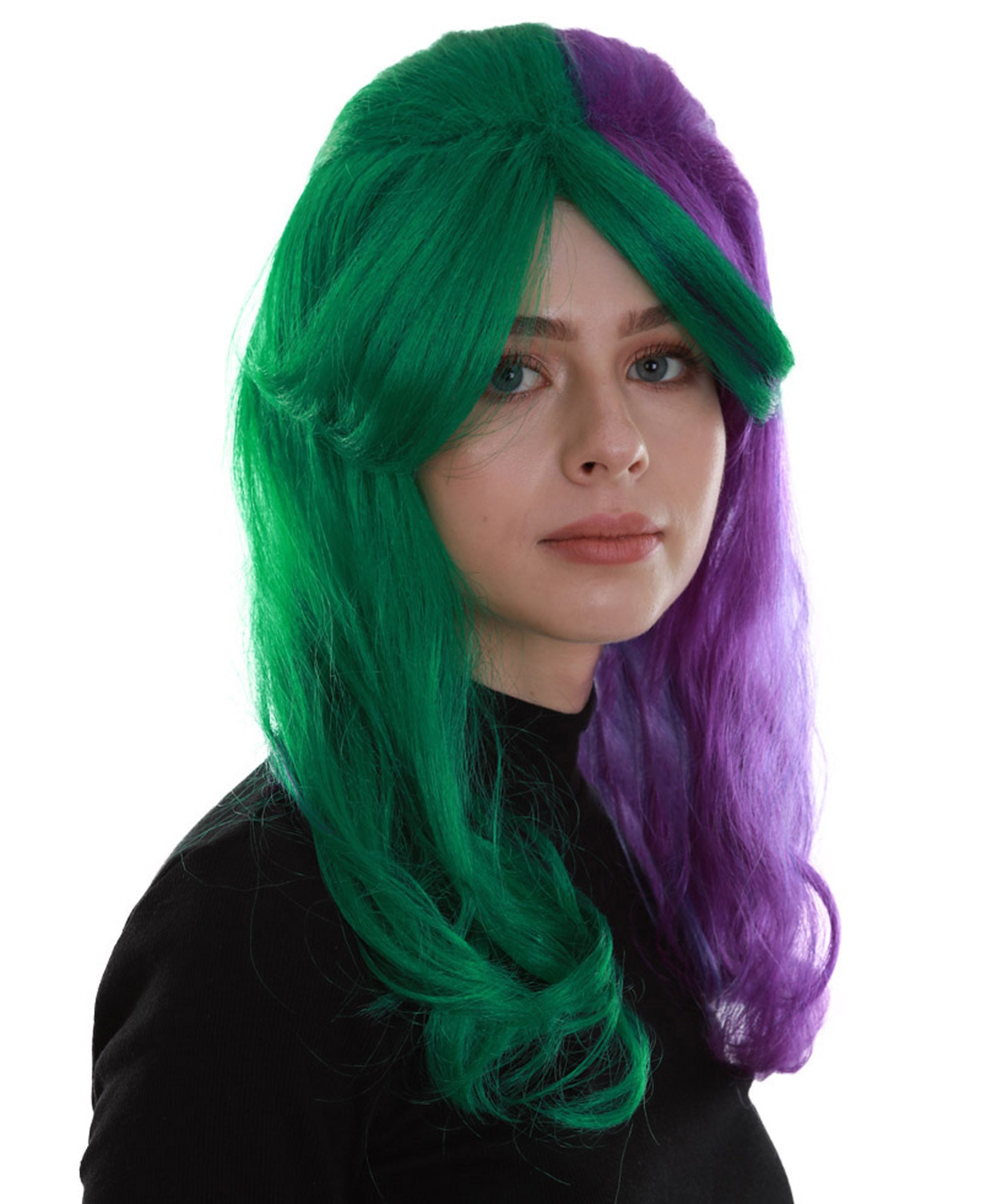 Women's Two Tone Green and Purple Color Wavy Medium Length Trendy Gala ...