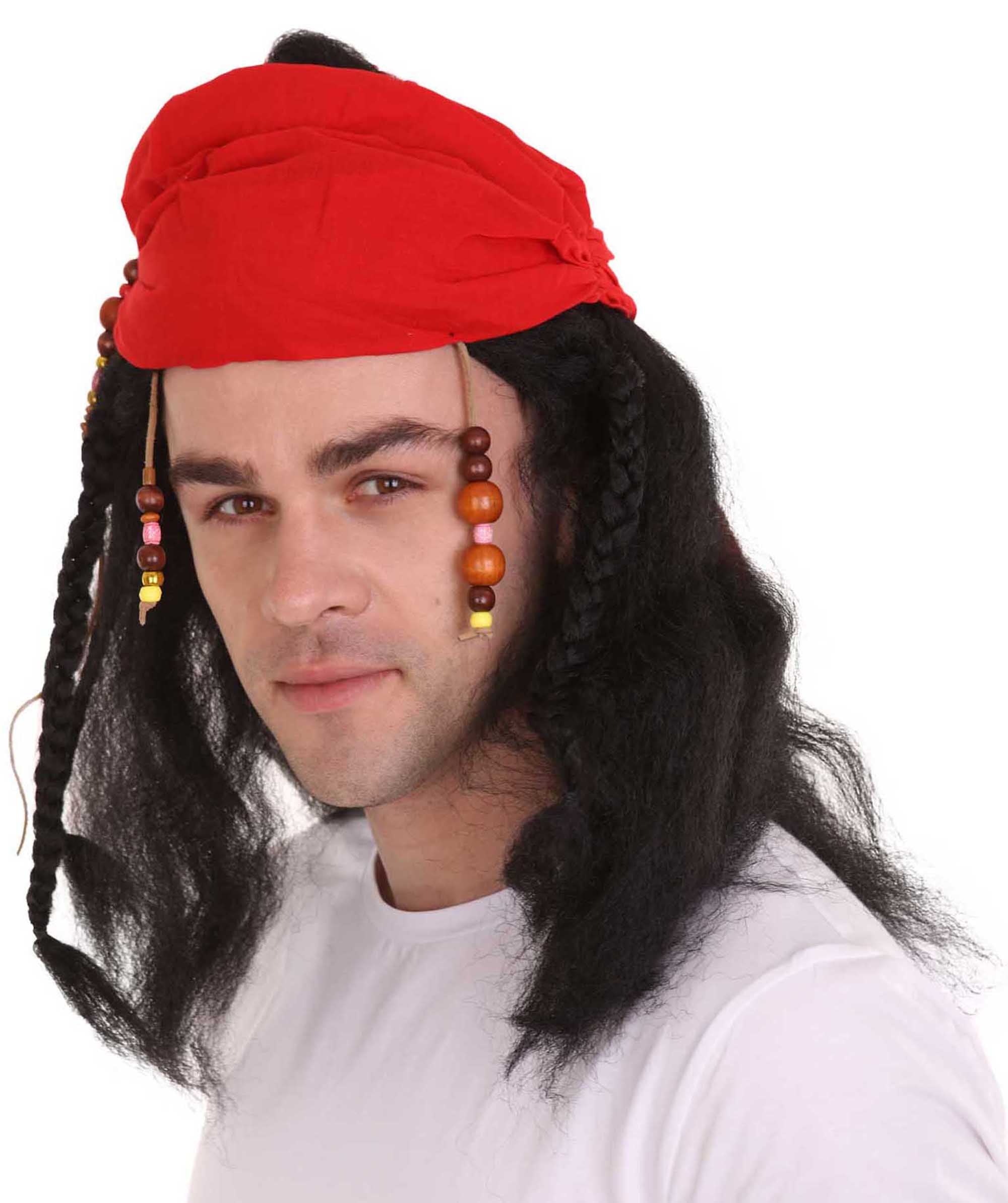 Caribbean Pirate Wig | Black Wig With Red Cap | HPO - HalloweenPartyOnline