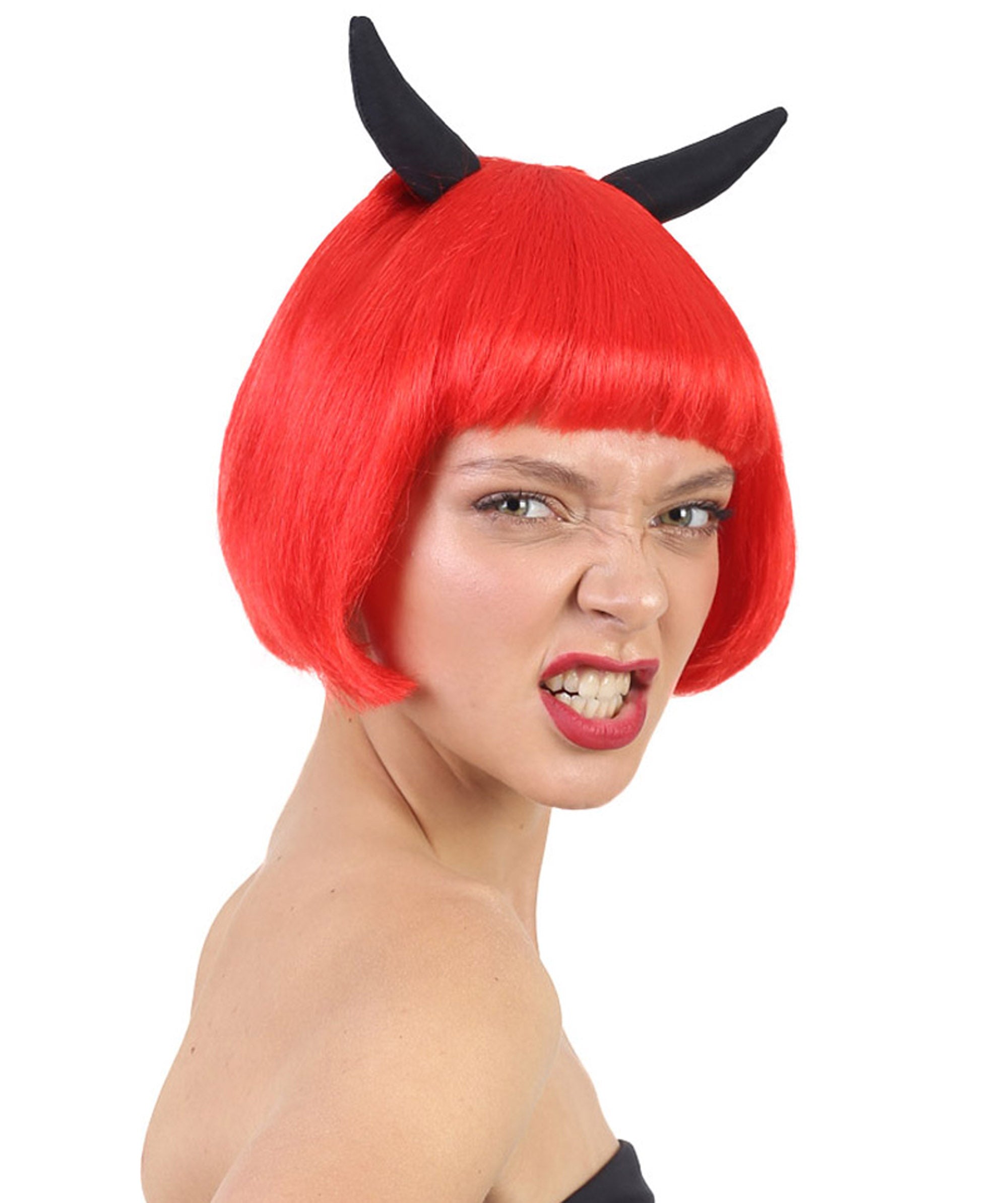 Red Devil Wig with Horns | - HalloweenPartyOnline