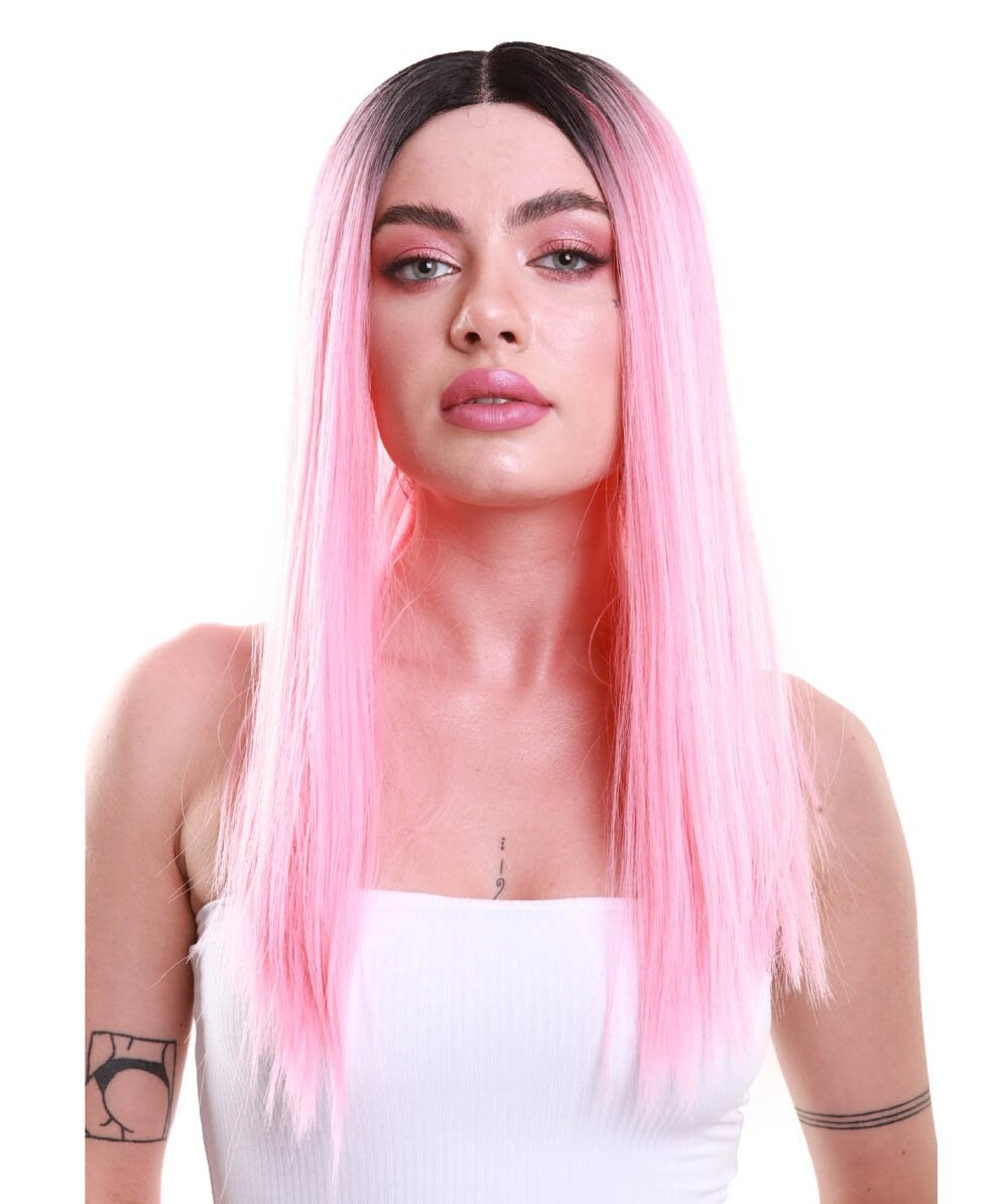Lace Front Center Part Wig with Dark Roots - One Size / Pink ...